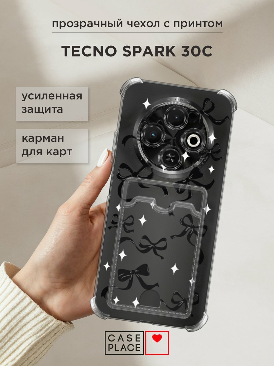 Чехол на Tecno Spark 30C (Текно Спарк 30C) с картой и принтом "Милые чёрные бантики"