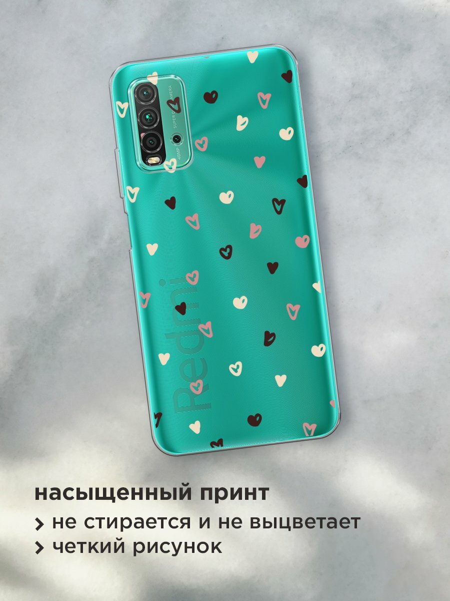 Чехол на Xiaomi Redmi 9T / Сяоми Редми 9Т с принтом "Сердечки паттерн рисунок", прозрачный — фото 1
