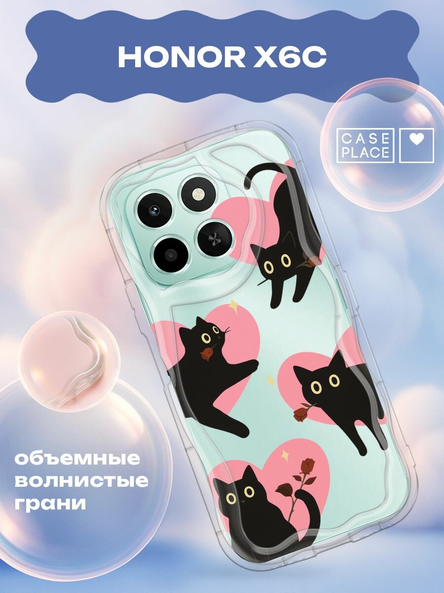 Чехол на Honor X6c / Хонор Х6с с принтом "Котики с розой", прозрачный
