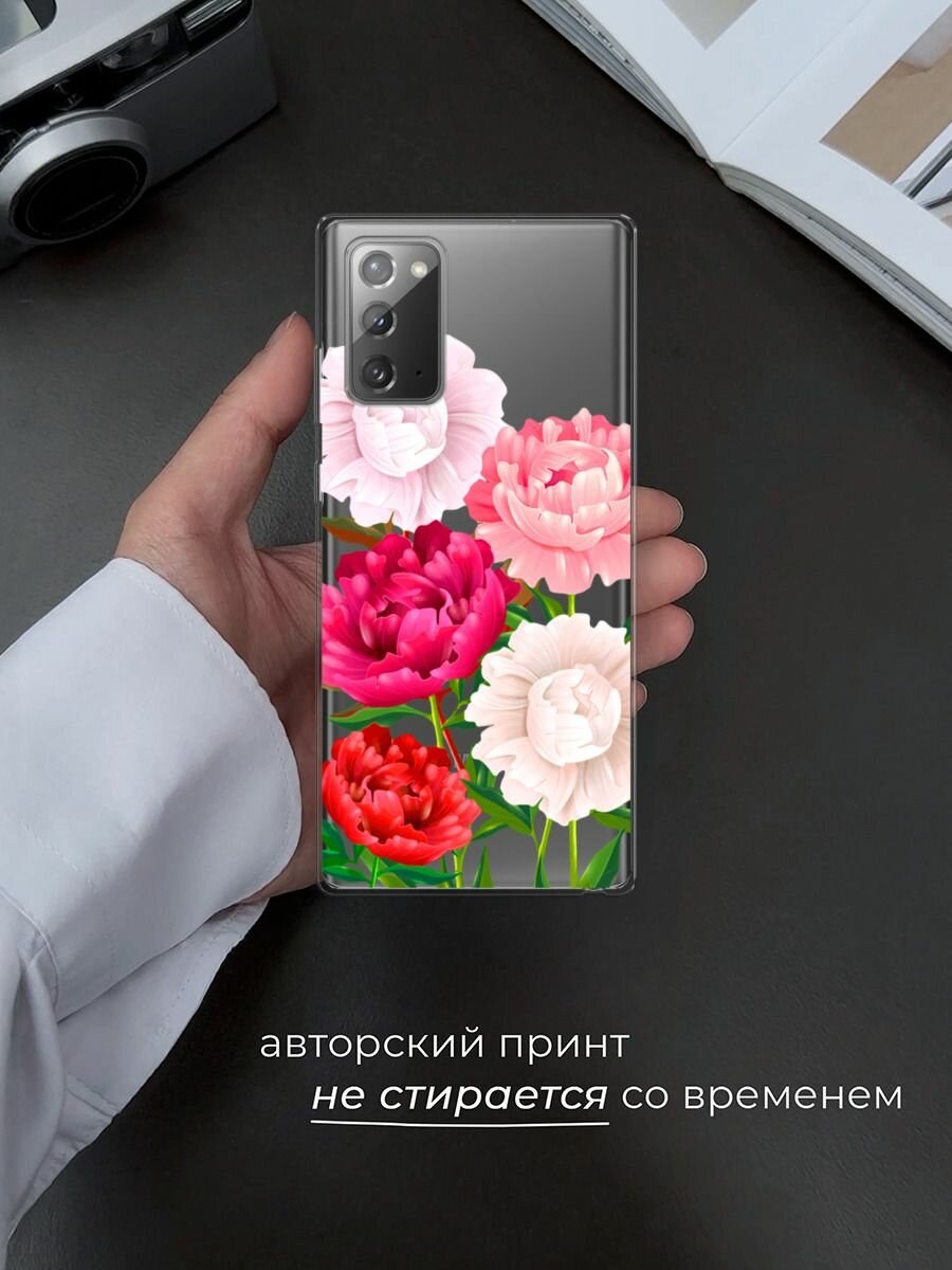 Чехол на Samsung Galaxy Note 20 / Самсунг Галакси Ноут 20 с принтом "Большие пионы", прозрачный — фото 1