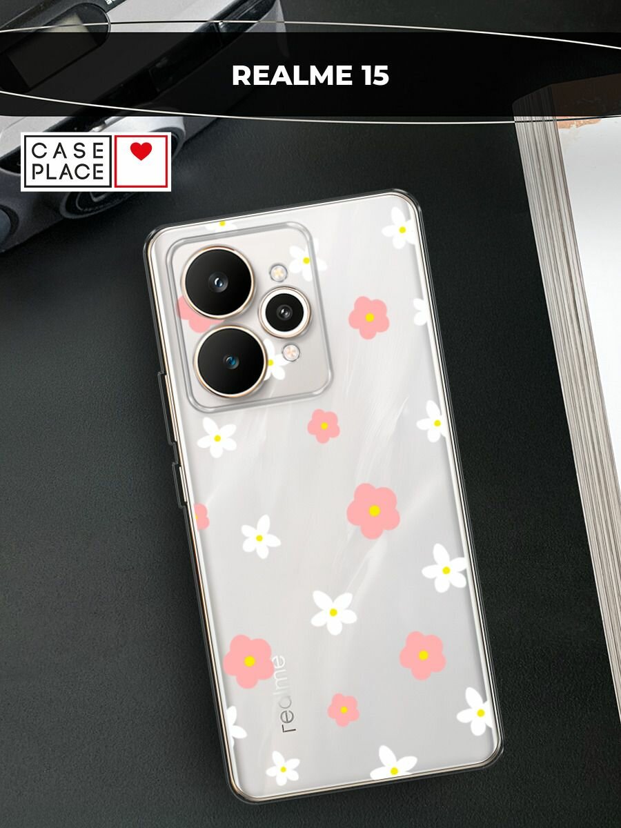 Чехол на Realme 15 / Реалми 15 с принтом "Розовые и белые цветы", прозрачный