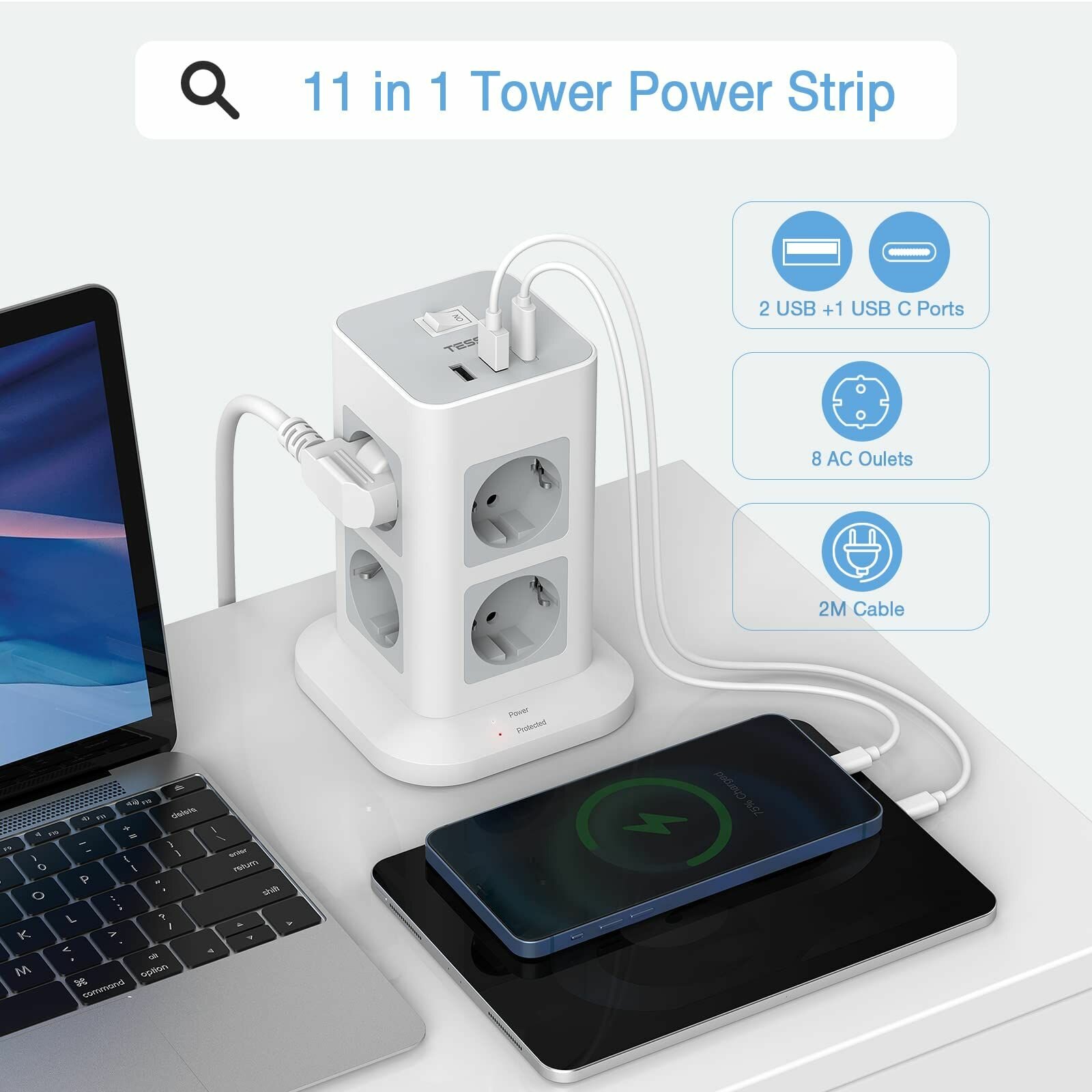 Сетевой удлинитель с заземлением и выключателем, 8 розеток, 2 USB-A и 1 USB-C, длина 2 метра, нагрузка до 10 А
