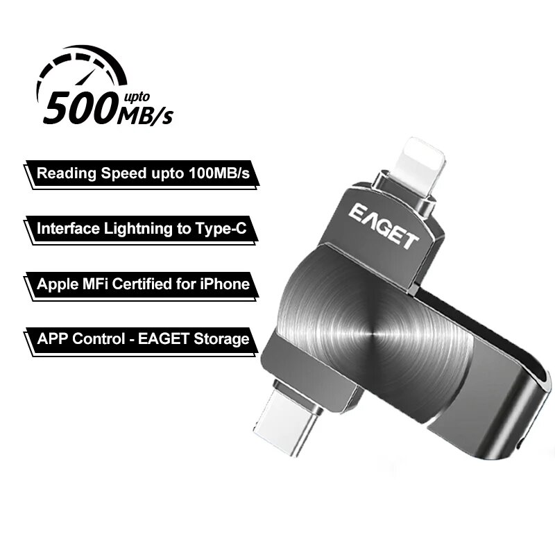 Eaget SU22 USB-накопитель для iPhone 64/128/256/512 ГБ/1 ТБ 256 ГБ, Type C to Lighting