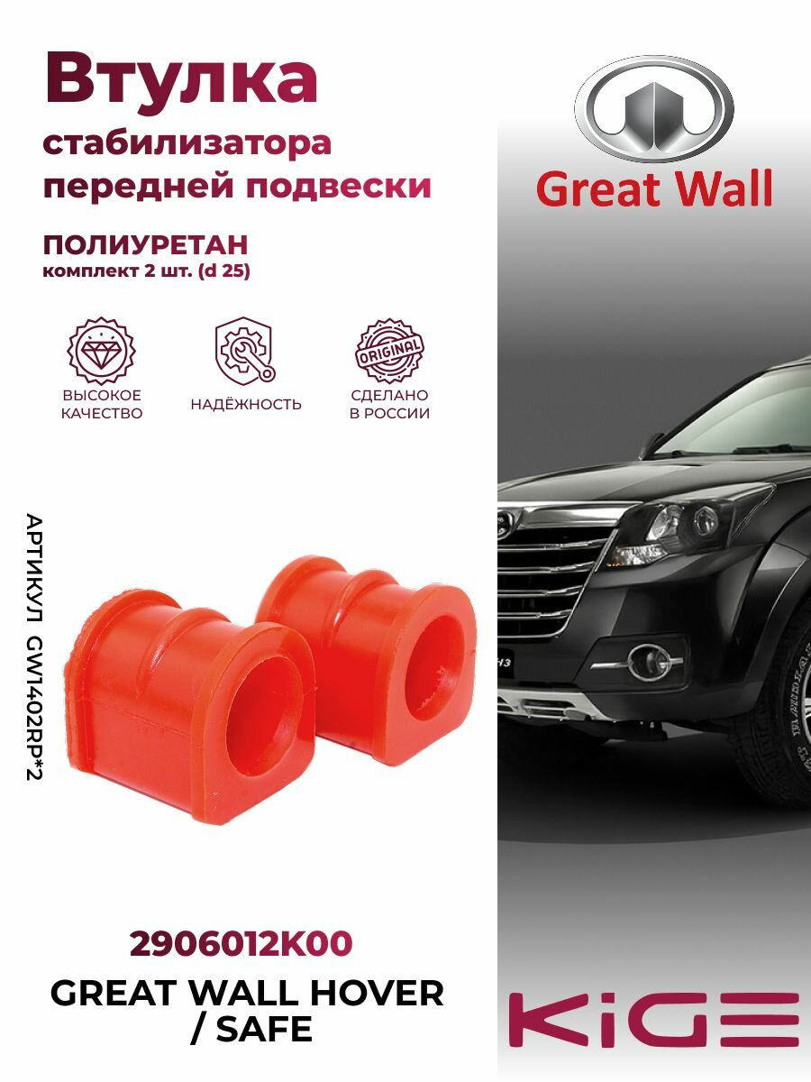 Втулка переднего стабилизатора полиуретан 2шт. (d 25) GREAT WALL HOVER H2 H3 H5 / SAFE 1 комплект втулок стабилизатора передней подвески Грейт Вол Ховер / Сейф OEM: 2906012K00