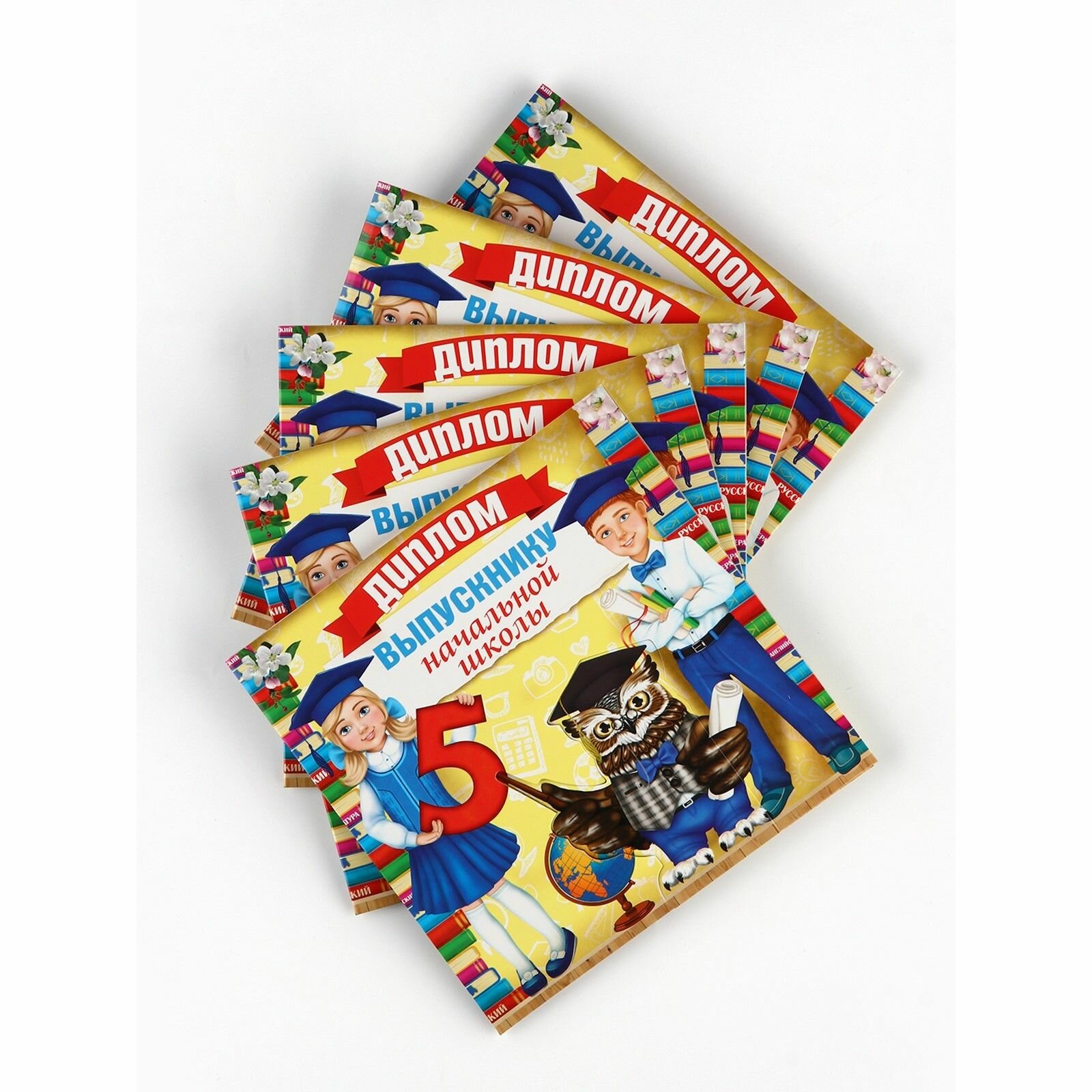 Диплом "Выпускнику начальной школы" с совой, набор 5 шт,19,5 х 18 см