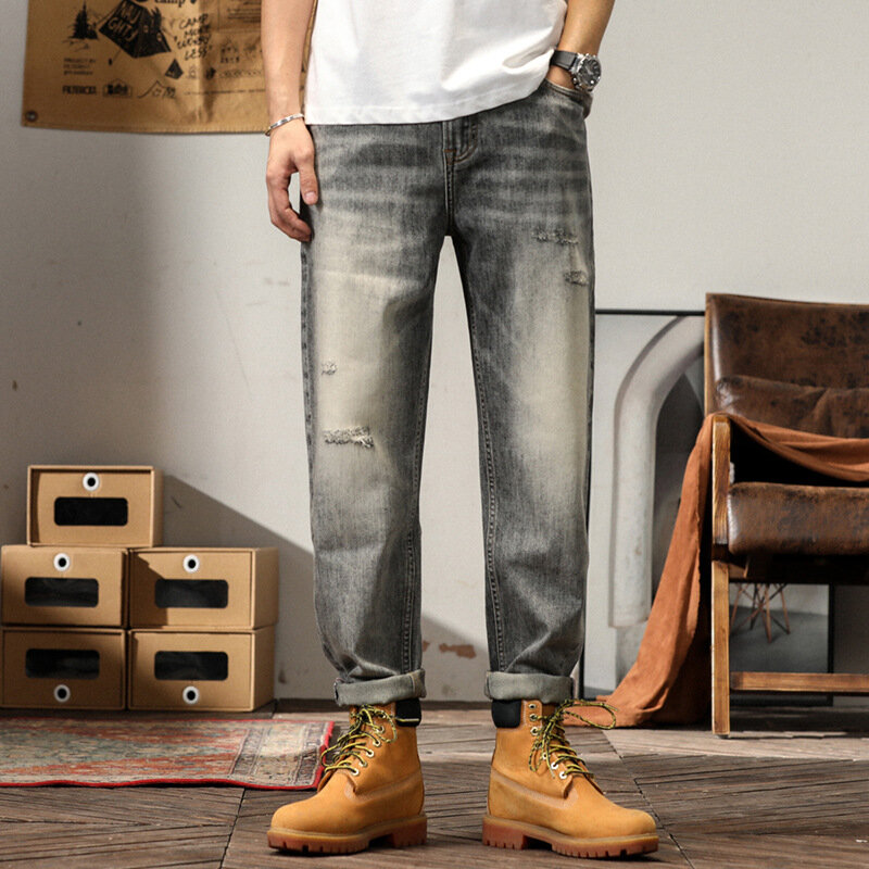 MON Чистый цвет Нов. желт. грязь американ. джинсы муж. тренд. плус толст. размер рван. джинсы муж. винтаж. 9-поинтУглеродный гряз/4XL, Размер_4XL