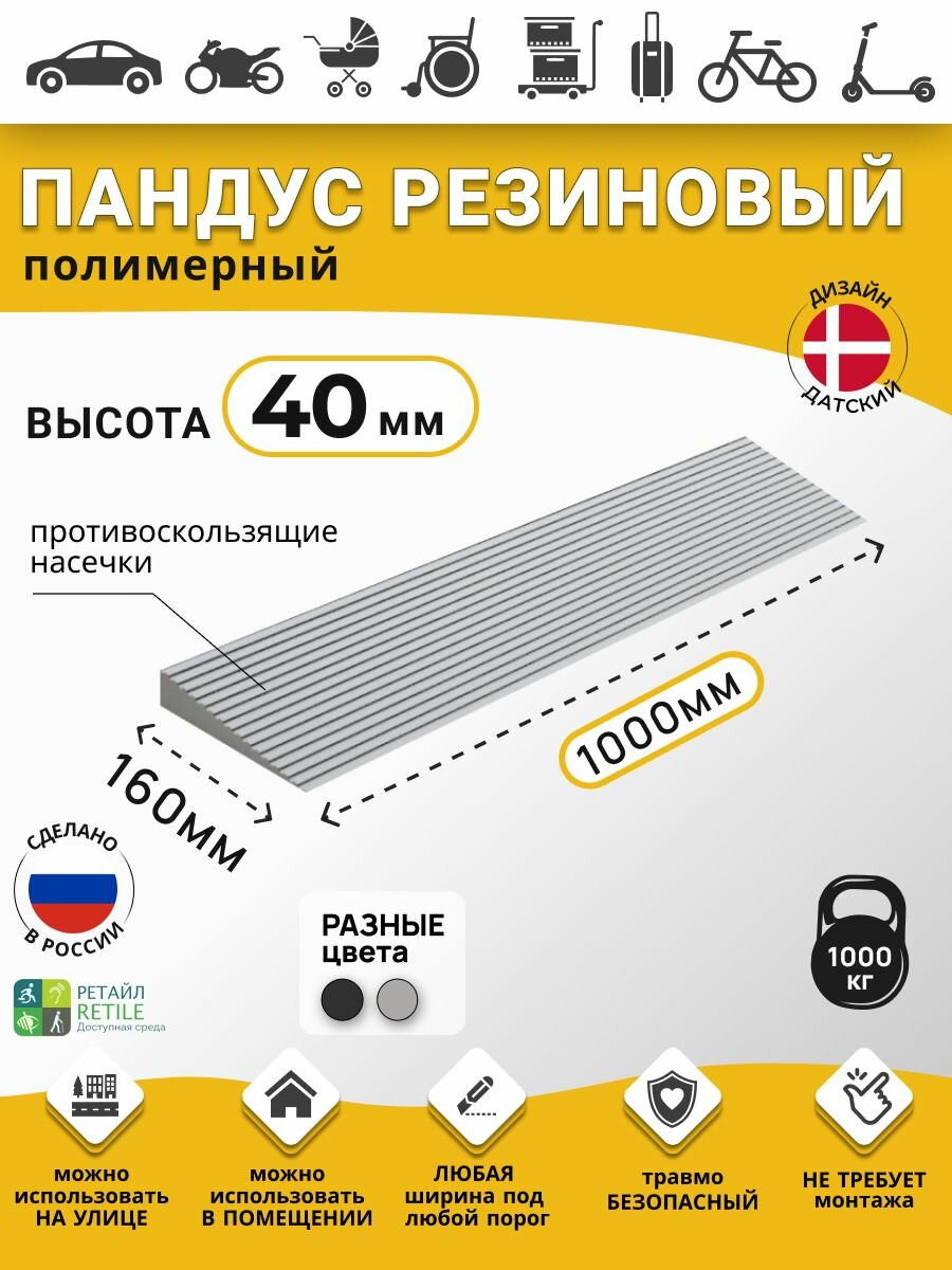 Пандус резиновый рубеж для порогов высотой 4 см (40х1000х160 мм), серый, для колясок, склада и автомобилей