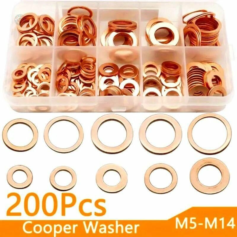 Набор медных уплотнительных шайб 200 шт, медные прокладки для герметизации, ремонт автомобиля и сантехники, коррозионно-стойкие шайбы в пластиковом кейсе
