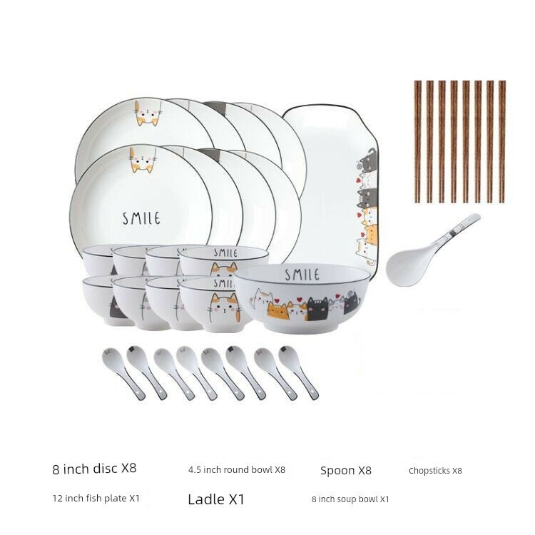 Кошачья тематика керамическая посуда, круглая форма, 8 персон, 35 предметов, современная кухонная посуда для дома