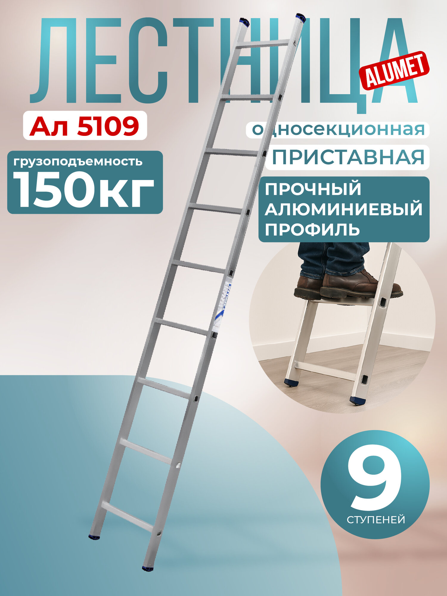 Лестница Alumet АЛ 5109, односекционная, алюминиевый сплав, нескользящие накладки