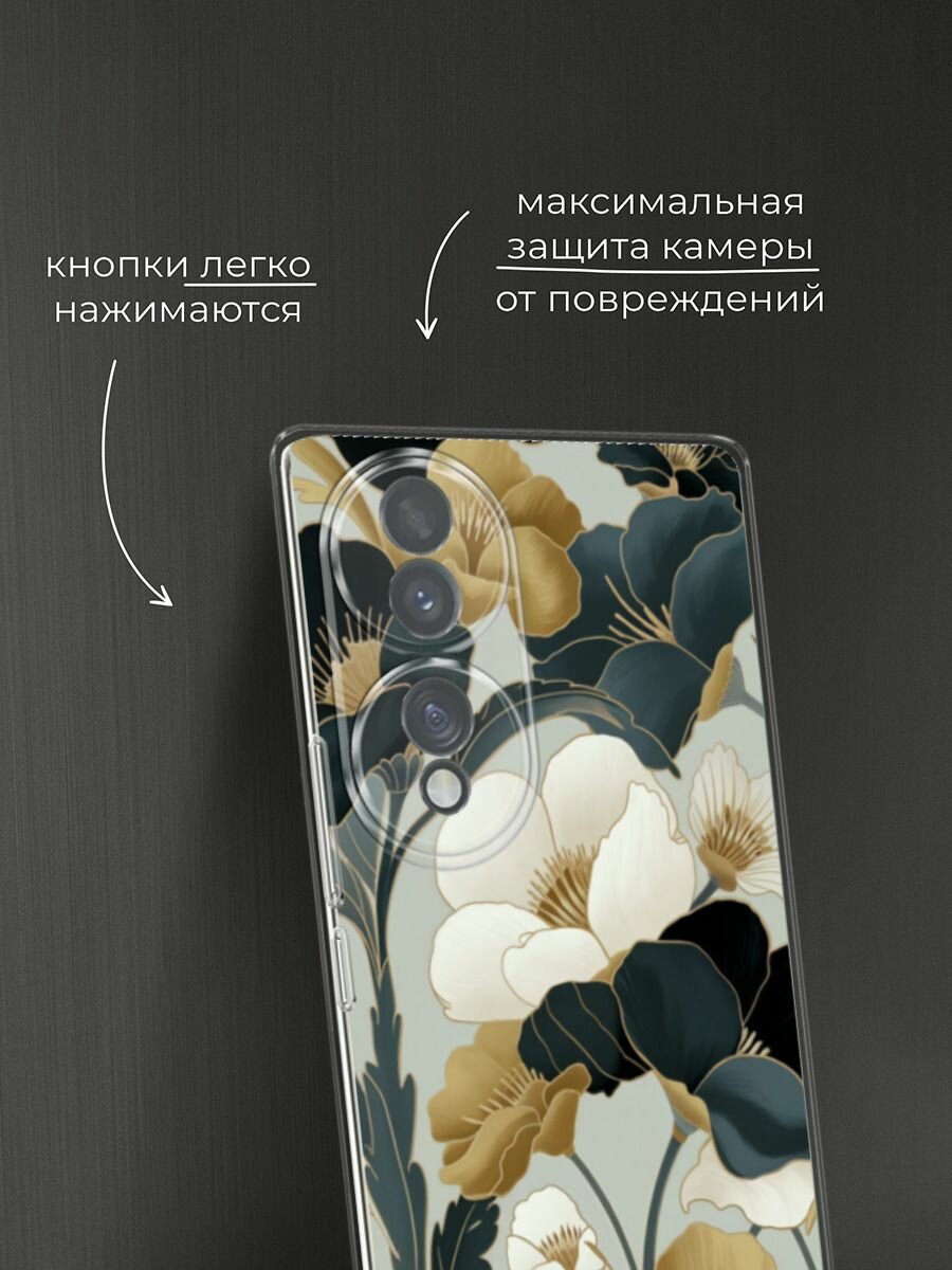 Чехол на Honor 70 / Хонор 70 с принтом Золотые и белые цветы — фото 1