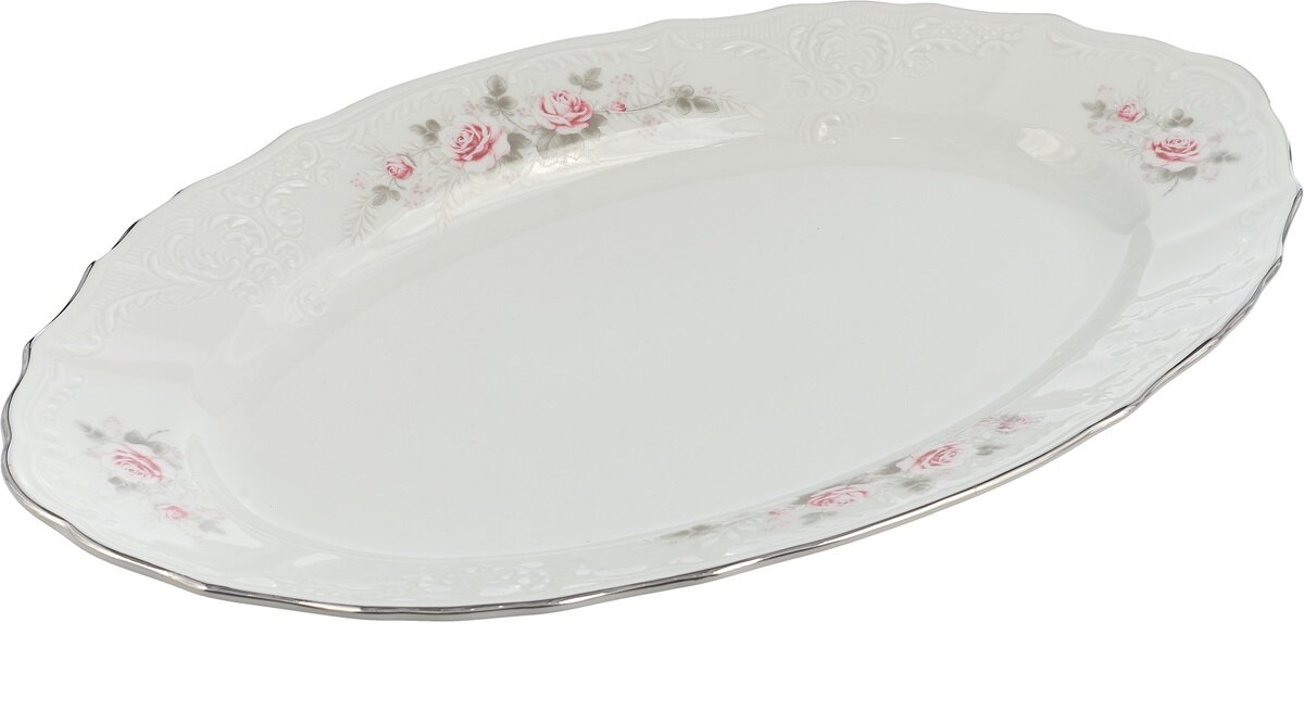Блюдо овальное 34 см; "Bernadotte", декор "Бледные розы, отводка платина", Thun/ БТФ0273