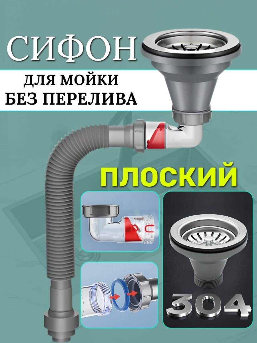Сифон плоский для кухонной мойки без перелива