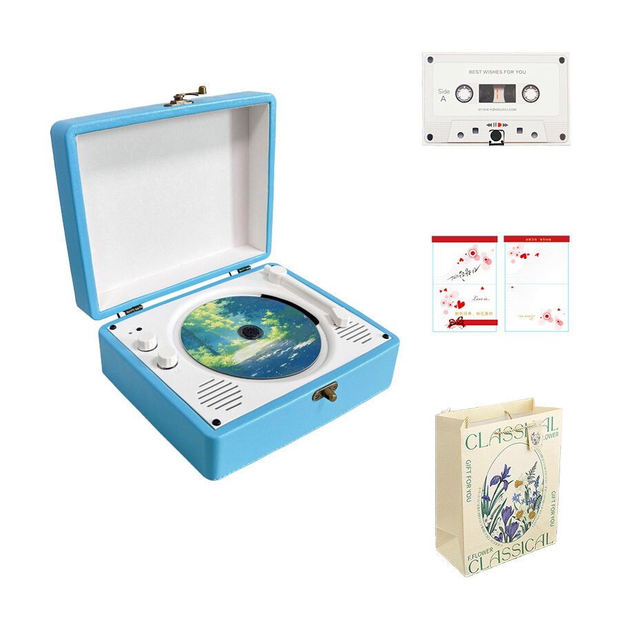 CD-плеер COZMO Винтажный SG1900 Bluetooth, blue, с 3D-эффектом звука, всё в одном, в комплекте greeting card и gift bag