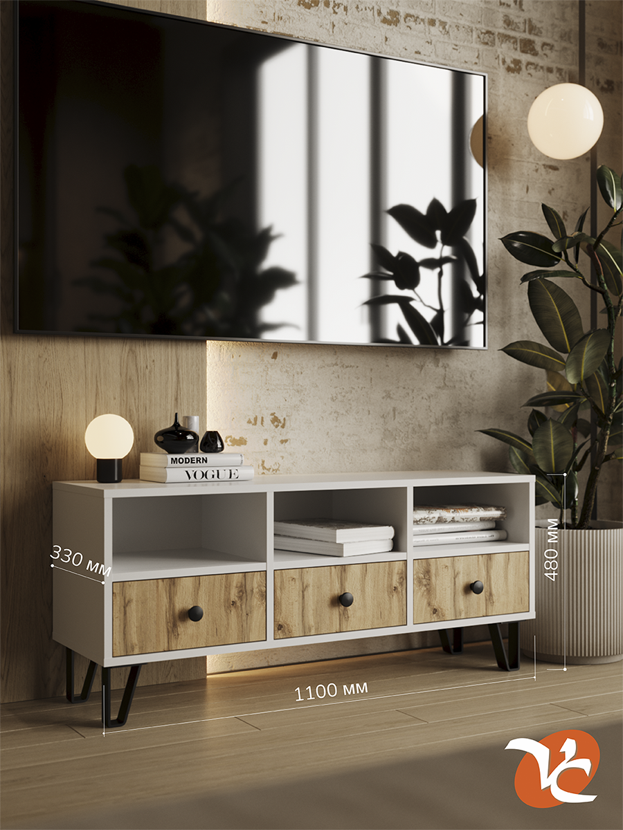 Тумба под телевизор напольная 110 см, ЛДСП, на ножках, белый/дуб вотан