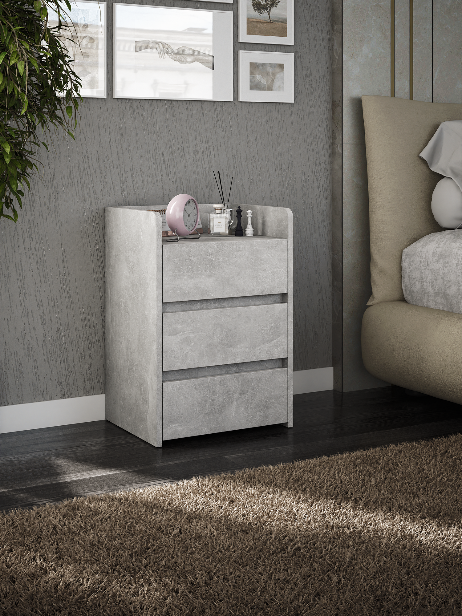 Тумба Vitto-154 бетон с ящиками и полкой, прикроватная, для прихожей, под стол, в коридор, в спальню, офисная, напольная