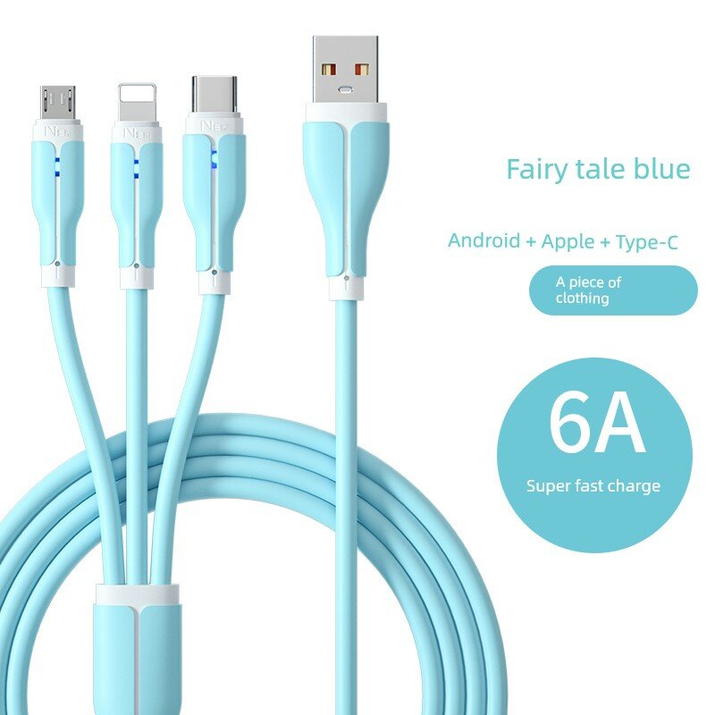 0.6 м. Небесно-голубой USB-C Зарядный Кабель для iPhone 8-14+ и Android, 66 Вт Быстрая Зарядка, 3 в 1 Совместимость с