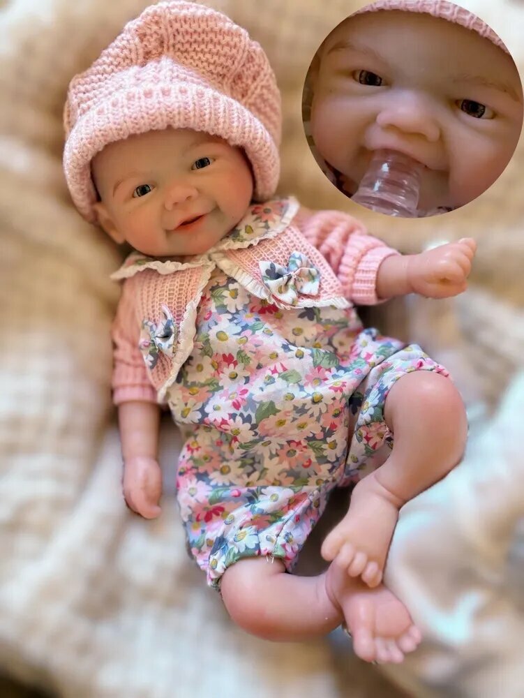 Силиконовая девочка 33 см раскрашенная полностью цельная силиконовая кукла Реборн, открытый рот С нарядами и бутылочкой для кормления