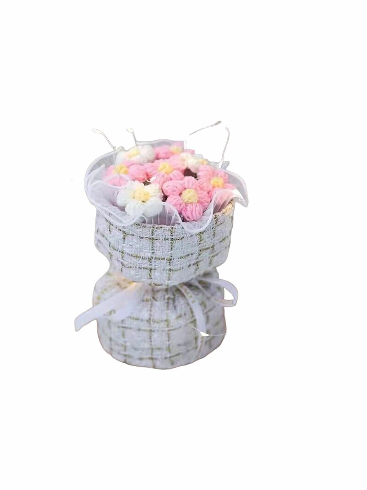 Стабилизированныецветы, Вязаный слоеный букет с имитацией шерсти-розовый