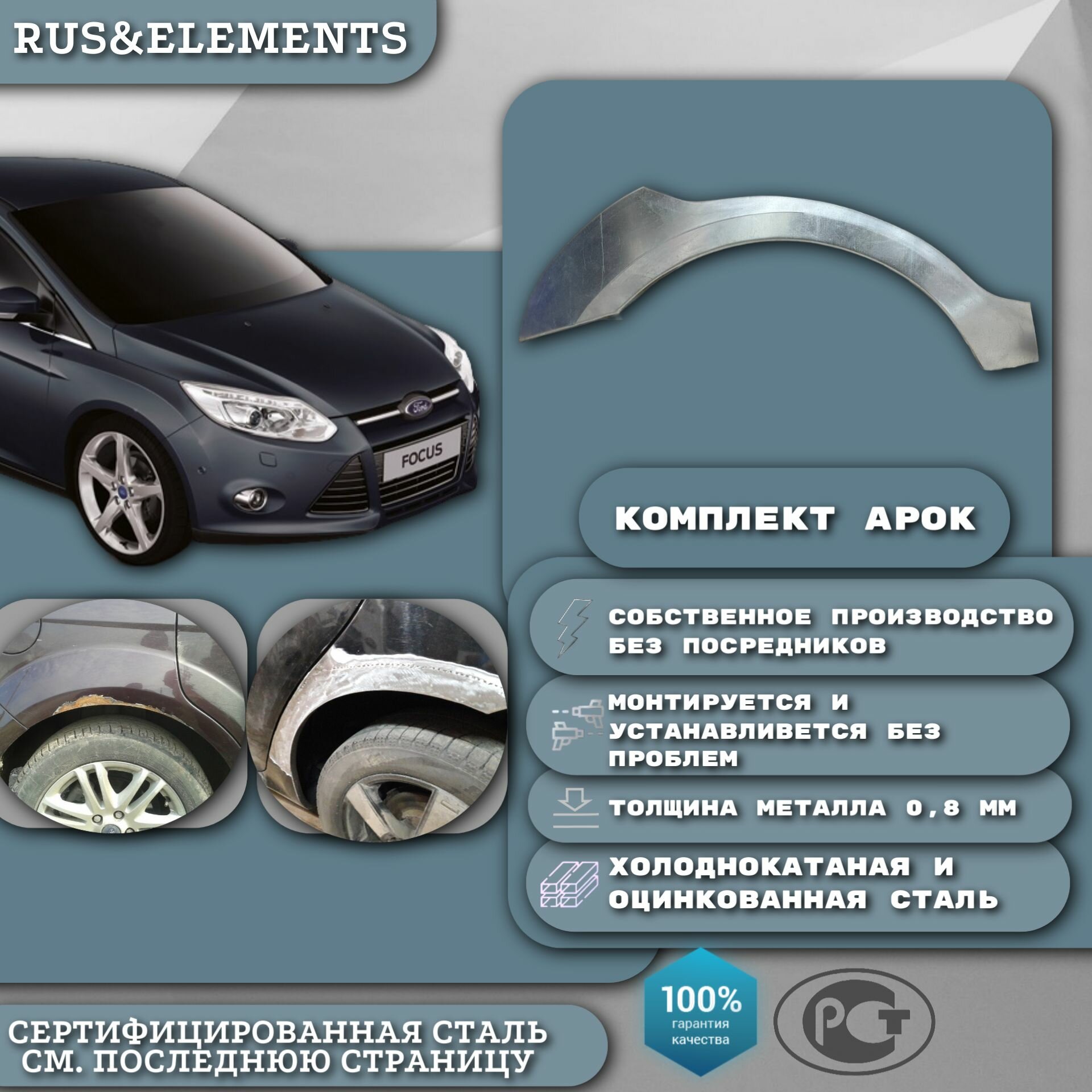 Комплект ремонтных арок для автомобиля Ford Focus 3 (Форд Фокус 3 Хэтчбек ) Оцинкованная сталь 0.8 мм