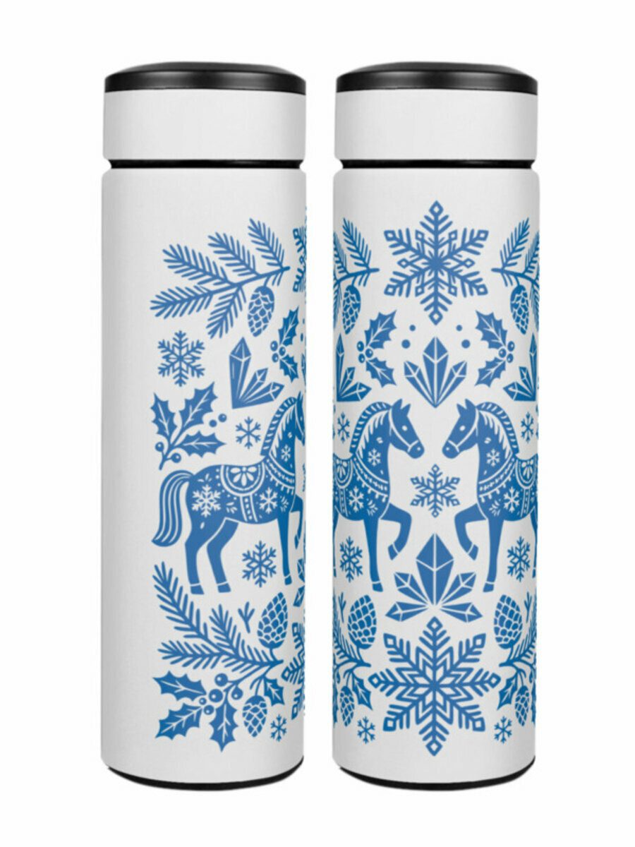 Термос «Кони в зимнем узоре. Новый год. Символ года» (белый)