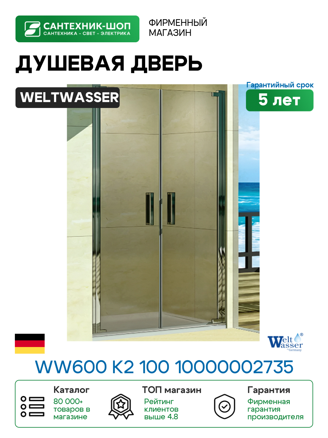 Душевая дверь в нишу WeltWasser WW600 K2 100 10000002735 профиль Хром стекло прозрачное