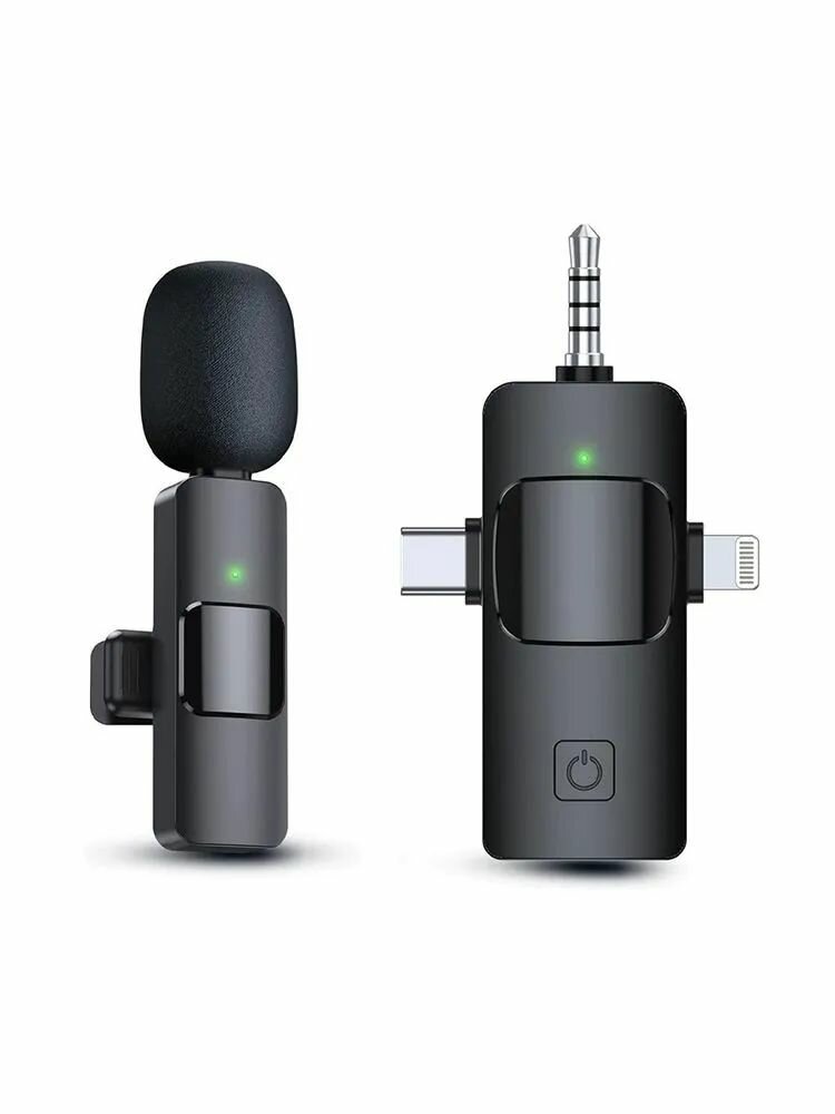 Микрофон K15 / Беспроводной петличный микрофон + универсальный ресивер с 3 интерфейсами (3.5 mm jack, Type-C и Lightning) 1 микрофон, черный