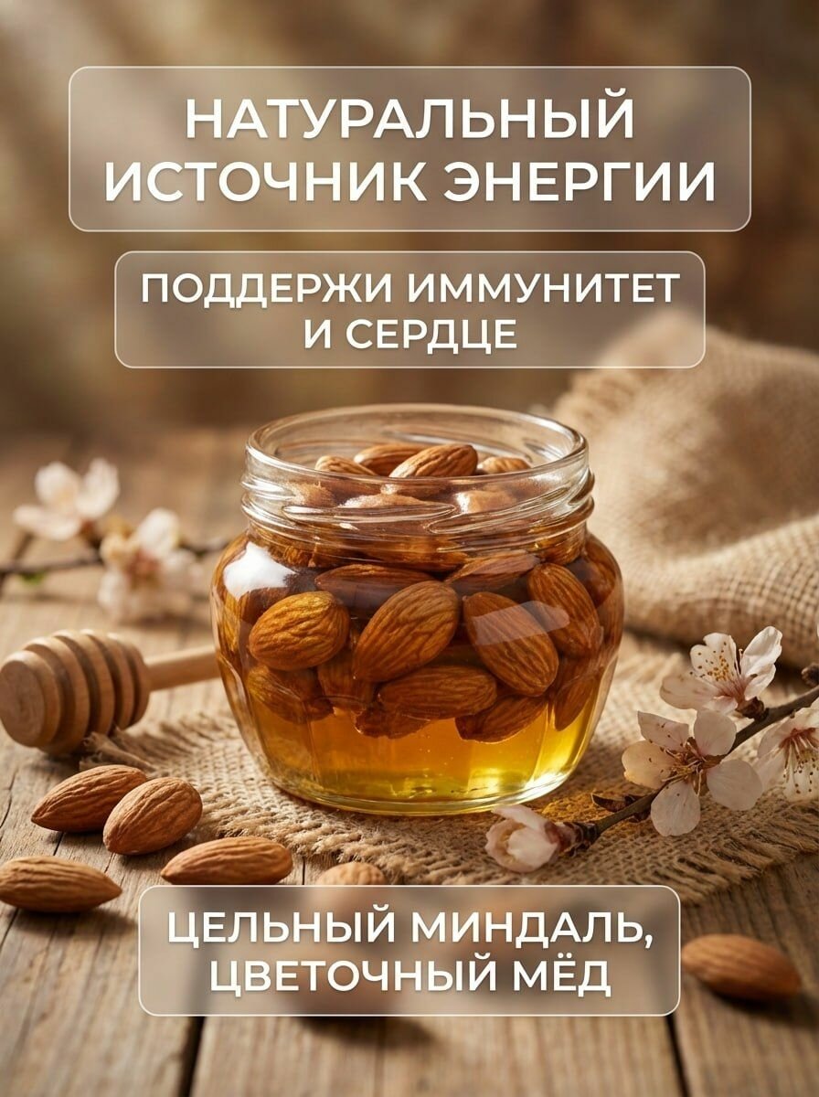 Натуральный мед с миндалем, орехи в меду, 175 г