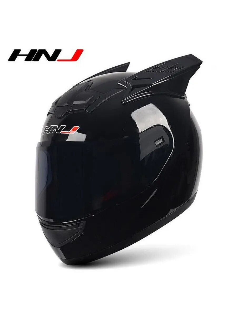 Мотошлем HNJ-Полный-Глянцевый Черный, Черный Рог, Черный Визор