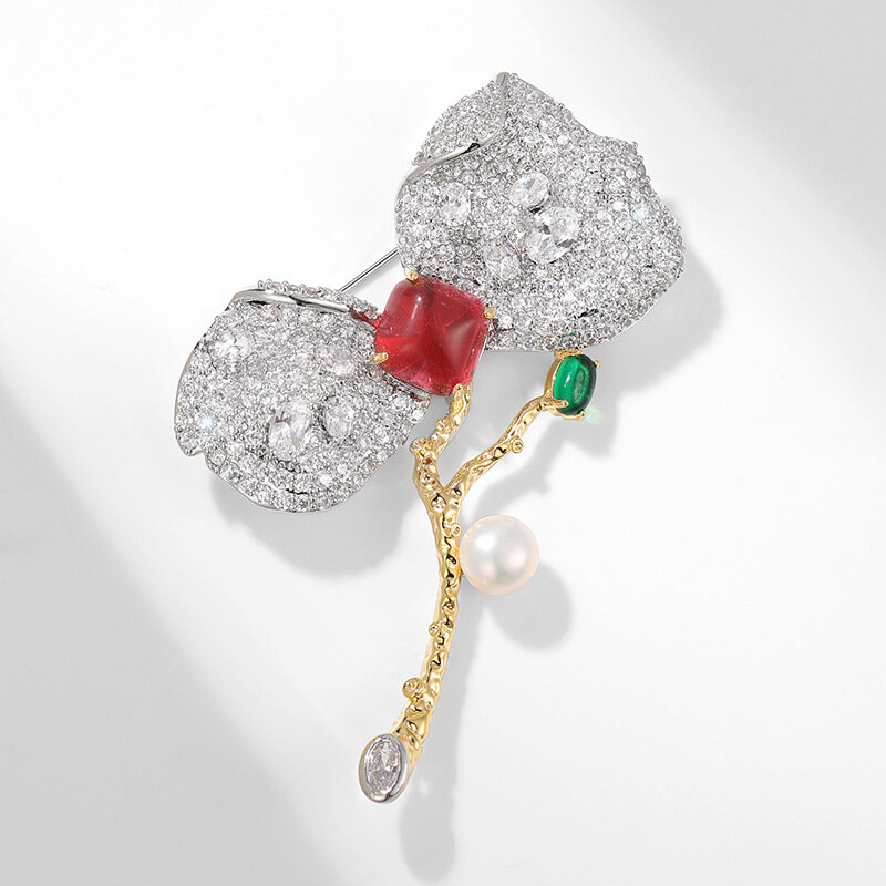 2026 Xiliang Concubine Высококачественная тяжелая ручная работа Двухцветная цветочная брошь Цирконовая брошь с бантом Элегантная брошь для женщин с двумя листьями цветка