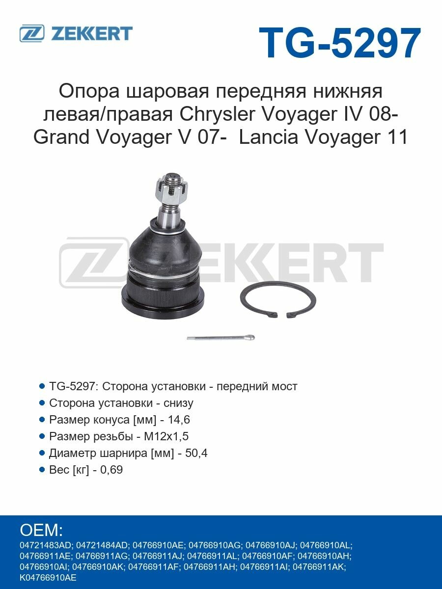 Zekkert Опора шаровая передняя нижняя левая/правая Chrysler Voyager IV 08- Grand Voyager V 07- Lancia Voyager 11