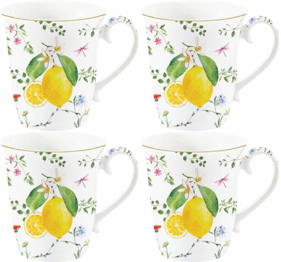 Набор из 4 кружек Easy Life Цветы и лимоны 275 мл, фарфор, чашки для чая и кофе 4 шт