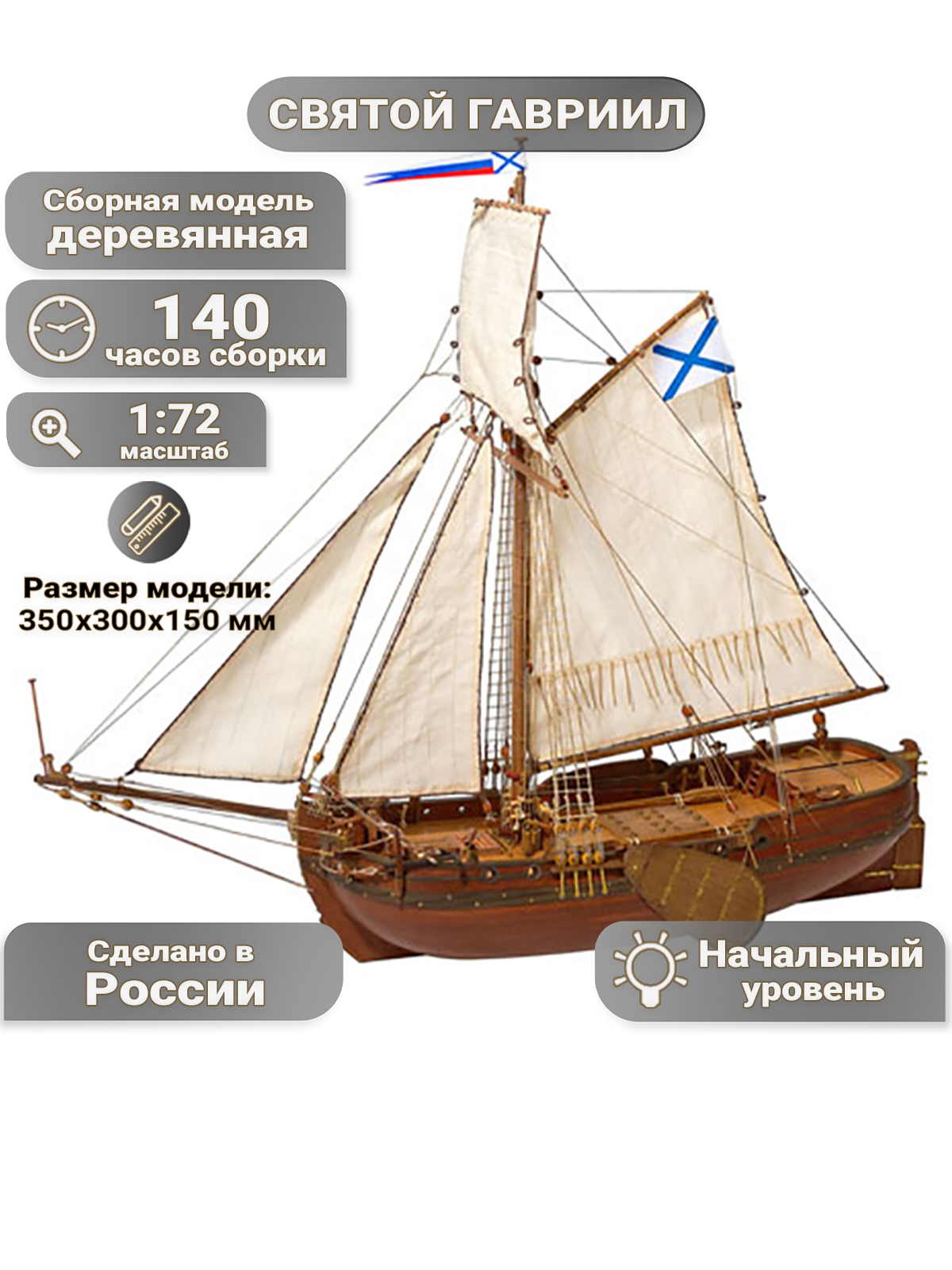 Сборная модель корабля для начинающих, Бот Святой Гавриил, 140 часов, М.1:72