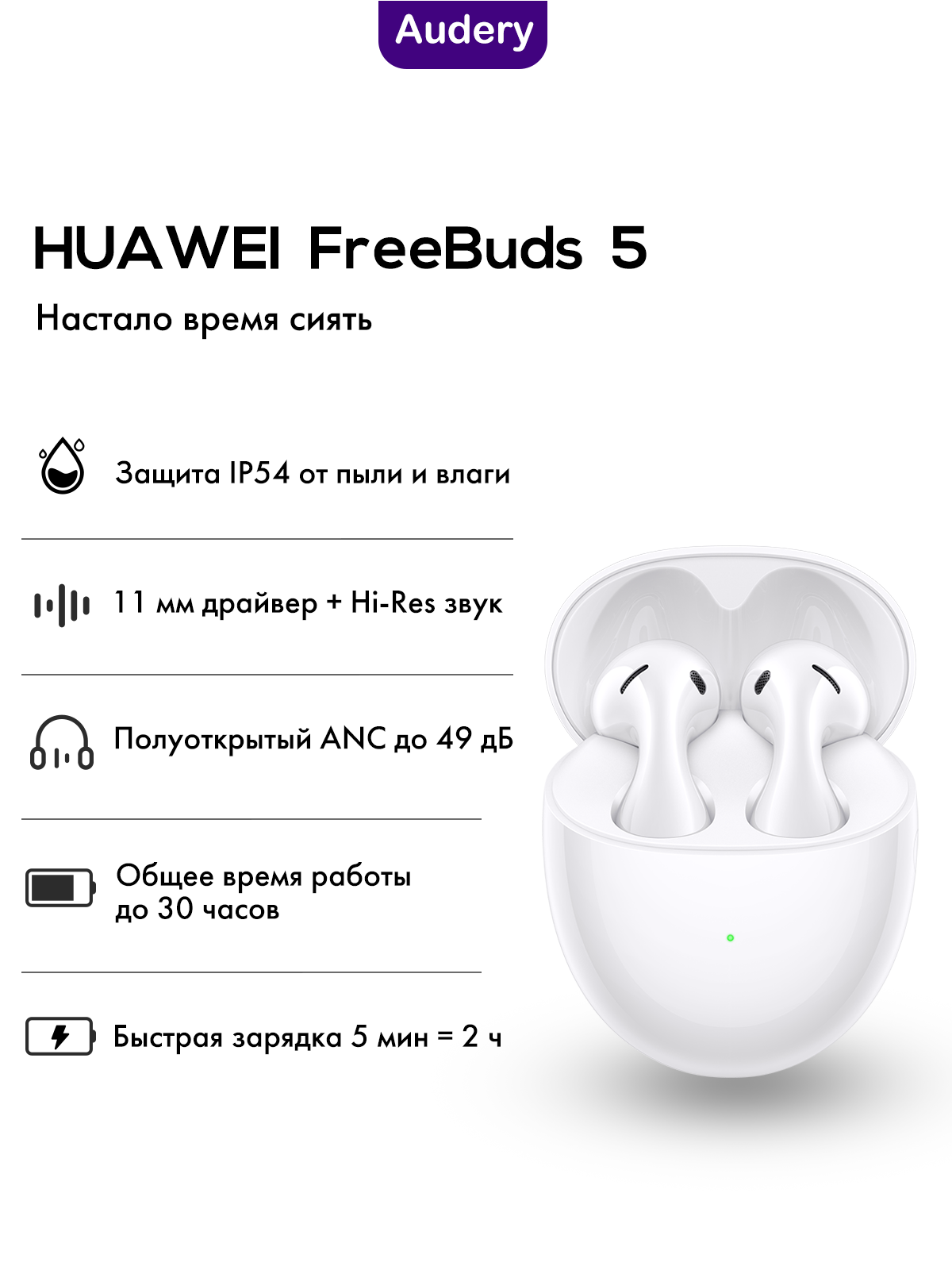 Беспроводные наушники HUAWEI FreeBuds 5 с Bluetooth, быстрой зарядкой и высоким качеством звука