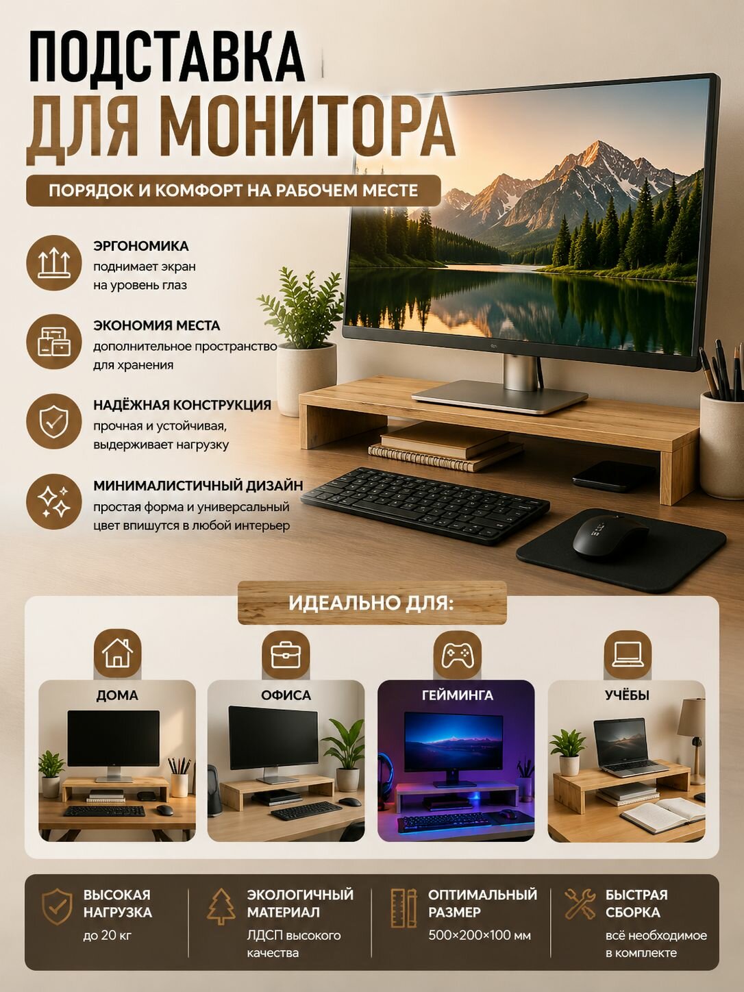 Подставка для монитора Стандарт дуб вотан, настольная полка для компьютера 60 см