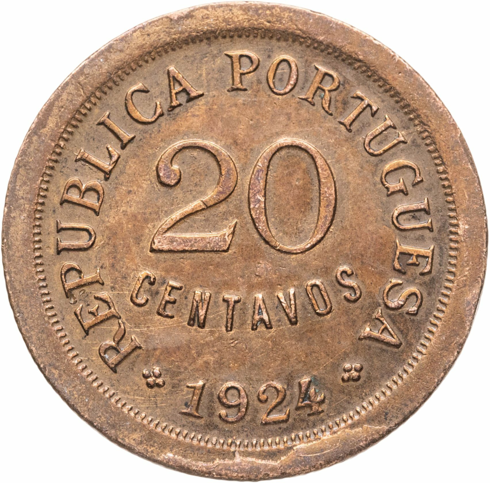 Португалия 20 сентаво centavos 1924, Бронза, в сохранности VF