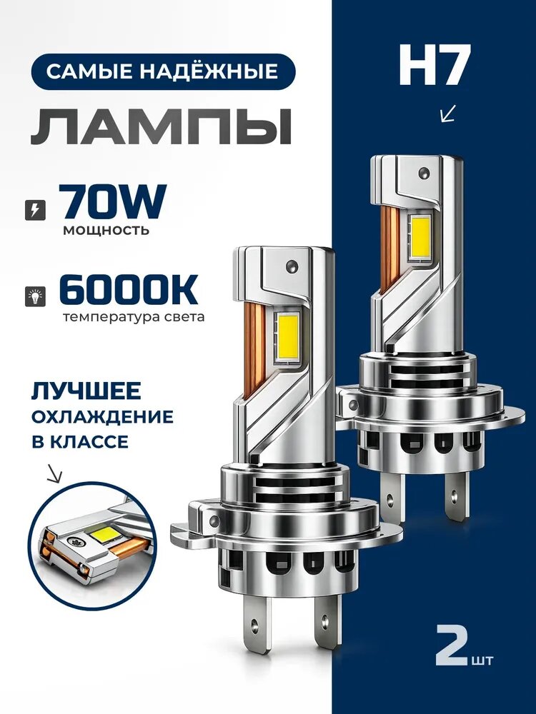 Premium Compact - лед лампы H7, компактные лампочки H7 светодиодные, яркие LED 70W, 6000K, 12V, 2 шт, установка без переходников