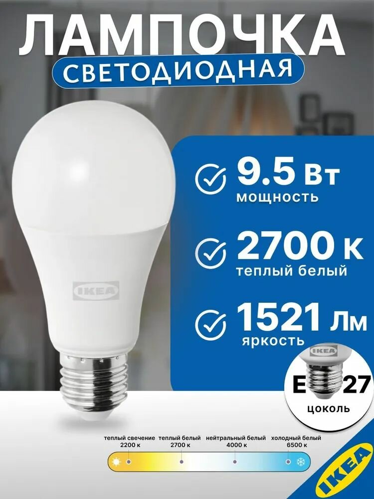Лампа светодиодная 60 мм E27 9.5 Вт 2700 К шарообразная регулируемая IKEA SOLHETTA солхетта