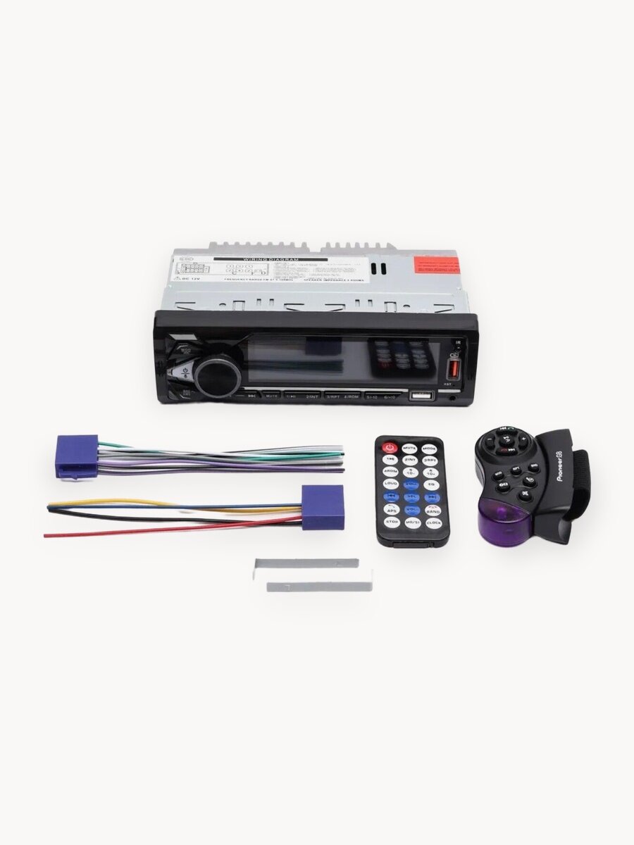 Магнитола Pioneer. 1DIN c Bluetooth, 7 цветов подсветки экрана, AUX, 2 USB, Блютус, Пульт на руль, Пульт ДУ /Aux/USB и SD карты, радиатор охлаждения, 4 выходов RCA/ провода для подключения в комплекте