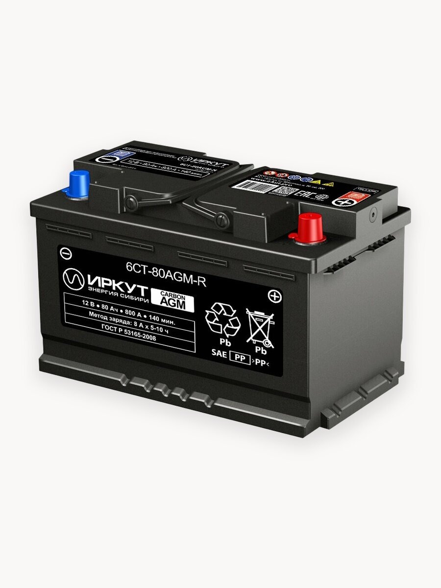Авто аккумулятор иркут AGM 80R (12В 80Ач 800А 315х175х190мм) обр. пол.