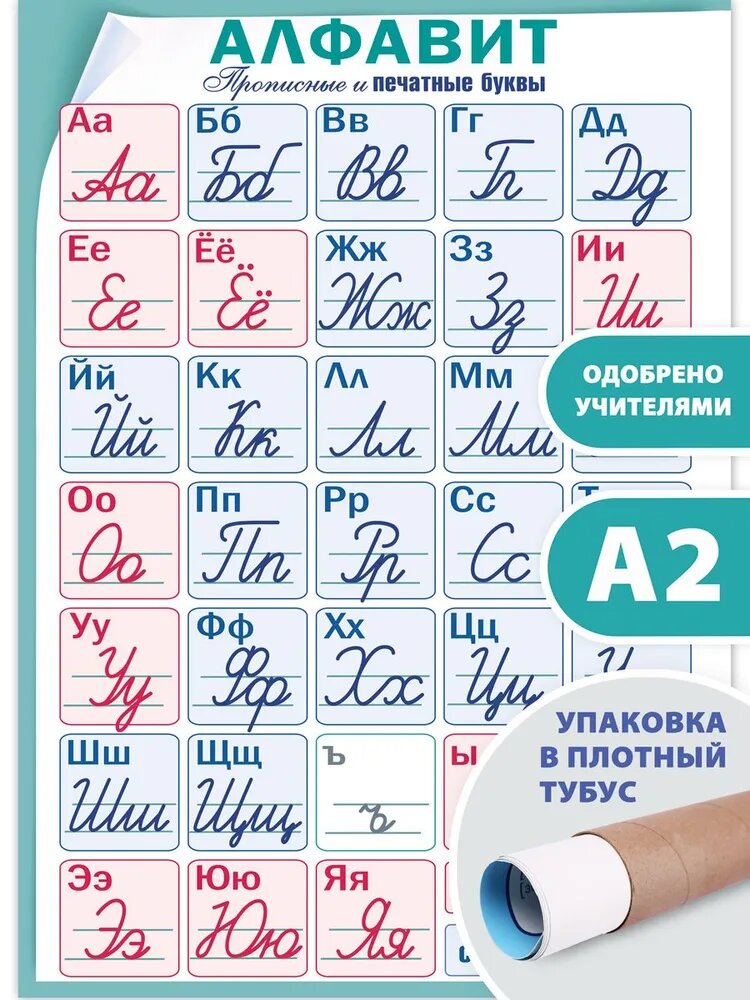 Плакат обучающий по русскому языку алфавит с печатными и прописными буквами