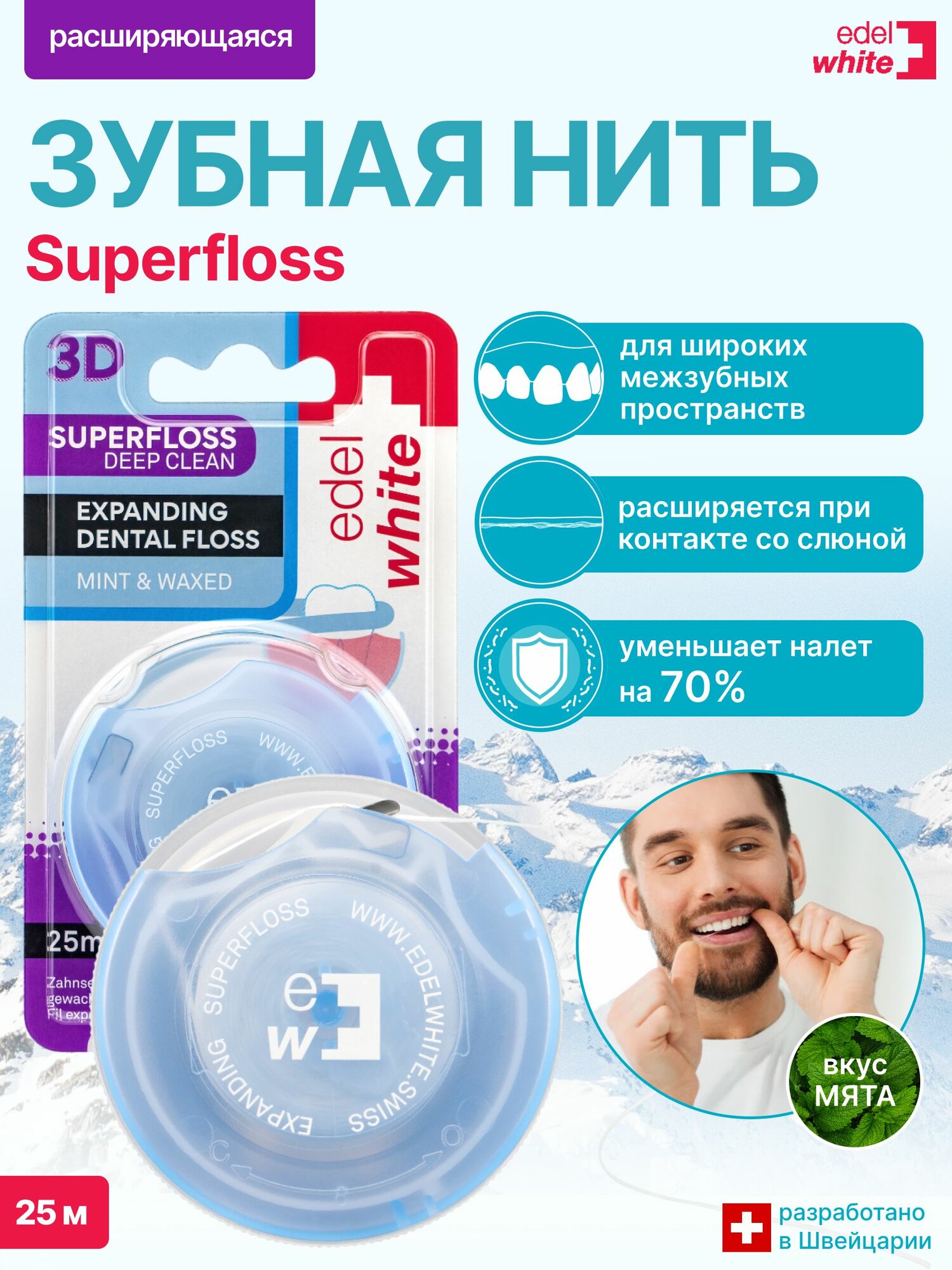 Зубная вощеная нить edel+white Expanding Superfloss (Расширяющаяся супер, зубная нить и флоссеры для очистки межзубных