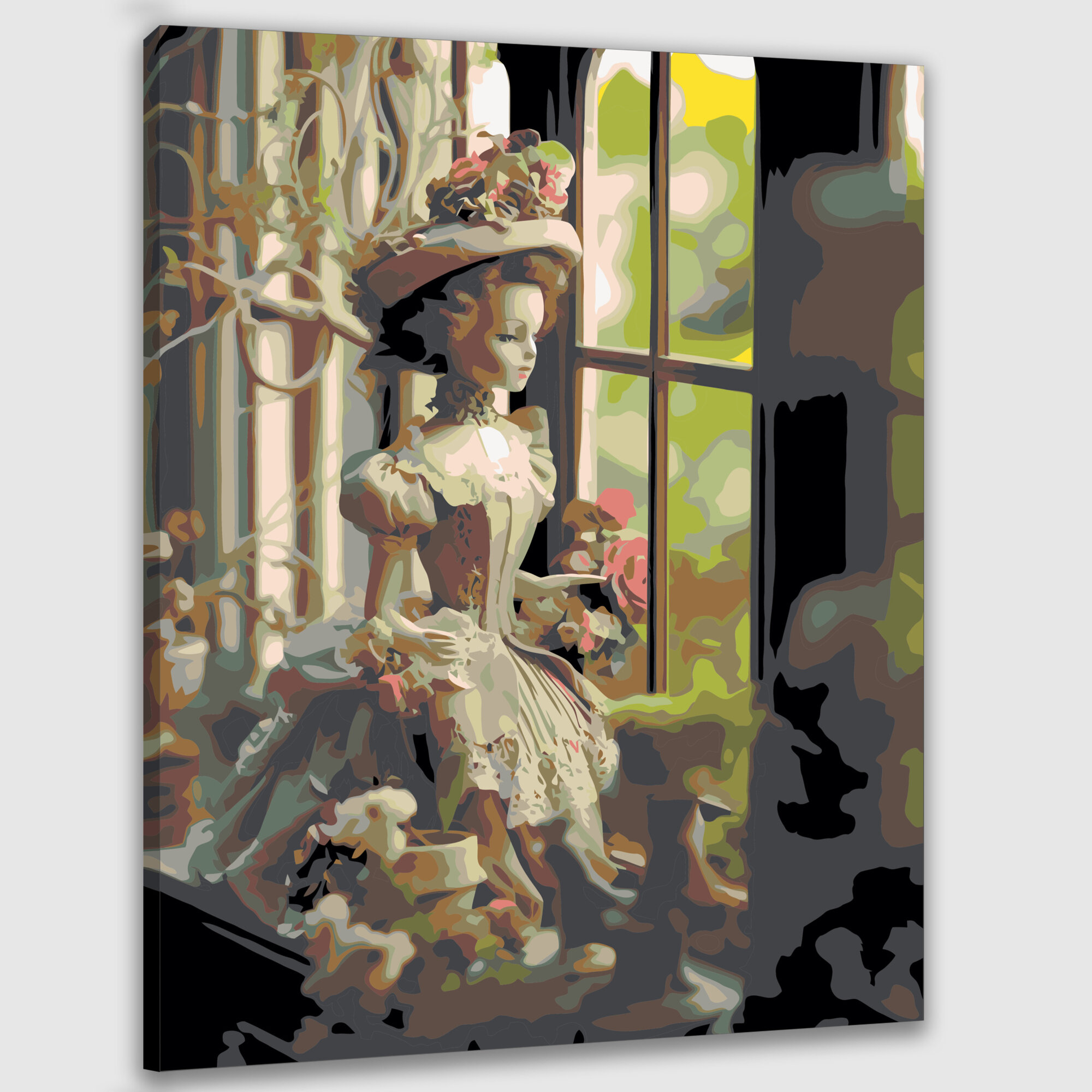 Картина по номерам 40x50 см, деревянная кукла, викторианский стиль, резьба, детали, черты лица, элегантный наряд, цветы