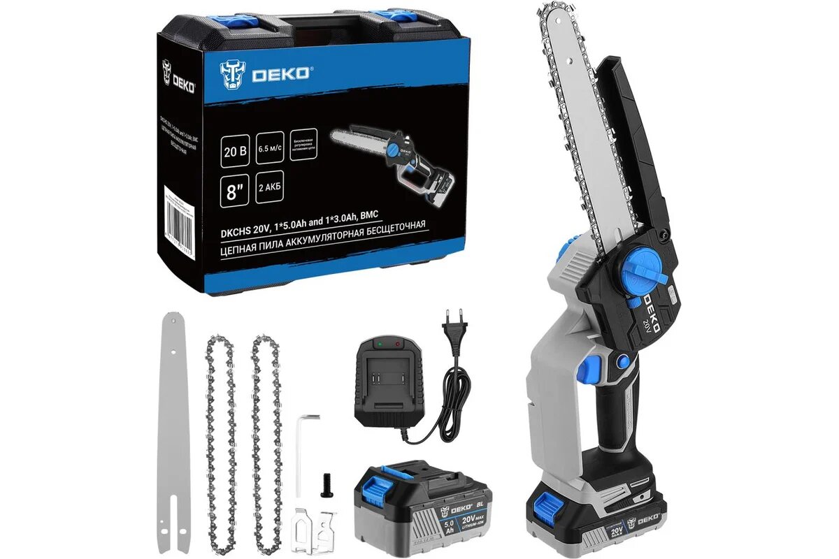 DEKO Пила цепная аккумуляторная бесщеточная DKCHS 20V, 20В, 2 Акб микс (1x5,0 / 1x3,0) кейс и доп. Цепь 085-2012