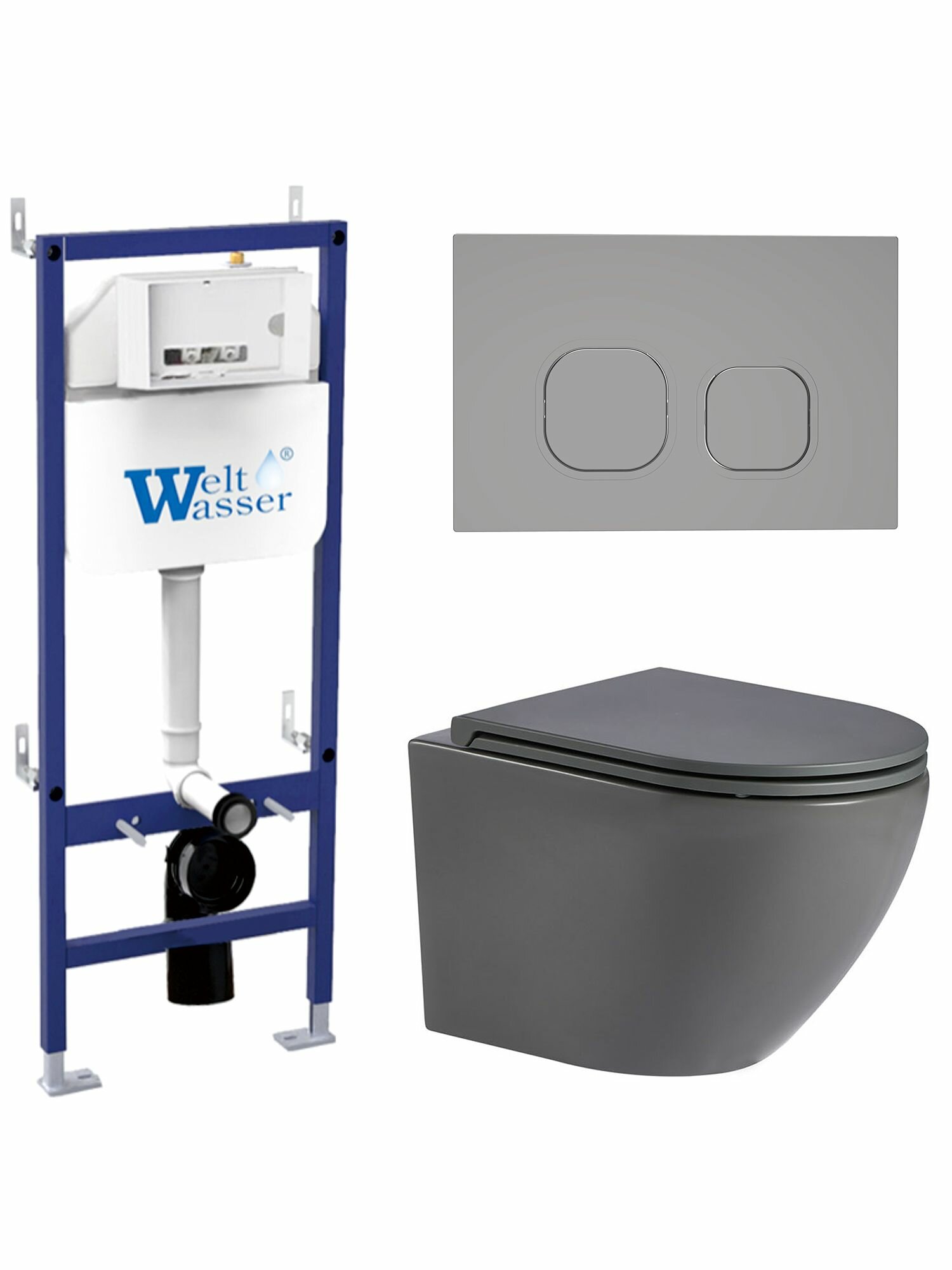 Комплект 6 в 1 WeltWasser: подвесной унитаз MERZBACH 043 MT-GR серый+кнопка смыва BAMBERG CR хром+инсталляция BAMBERG 460