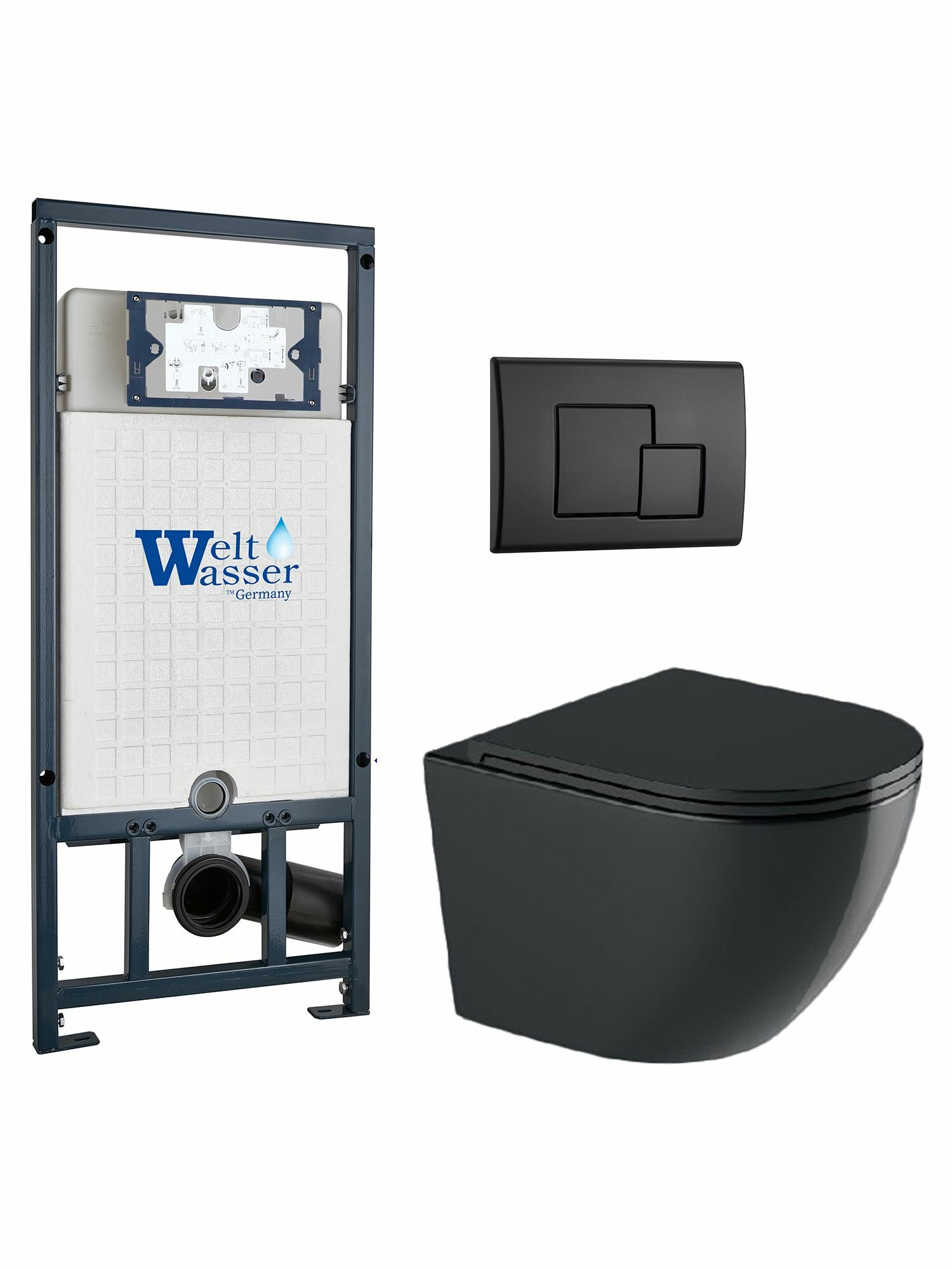Комплект 6 в 1 WeltWasser: подвесной унитаз MERZBACH 041 XL MT-BL черный матовый+кнопка смыва MAR 507 SE MT-BL черный+инсталляция MARBERG 507