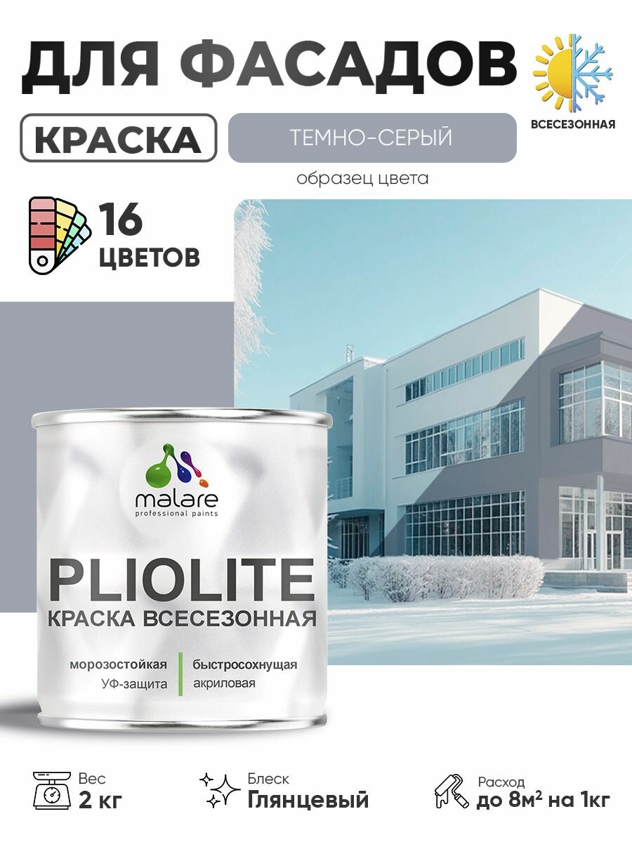 Краска-эмаль Pliolite всесезонная, зимняя, для всех типов поверхностей, антикоррозионная, RAL 7040, темно-серый, глянцевая, 2 кг.