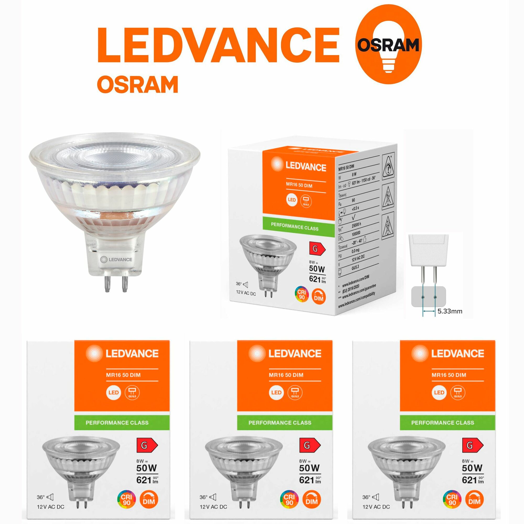 3шт/уп. Лампа LED Софит 8Вт 12В GU5.3 MR16 621Лм Ra90 Диммируемая Стекло Угол 36 град. 4000К Свет Дневной белый LEDVANCE-OSRAM, уп. 3шт