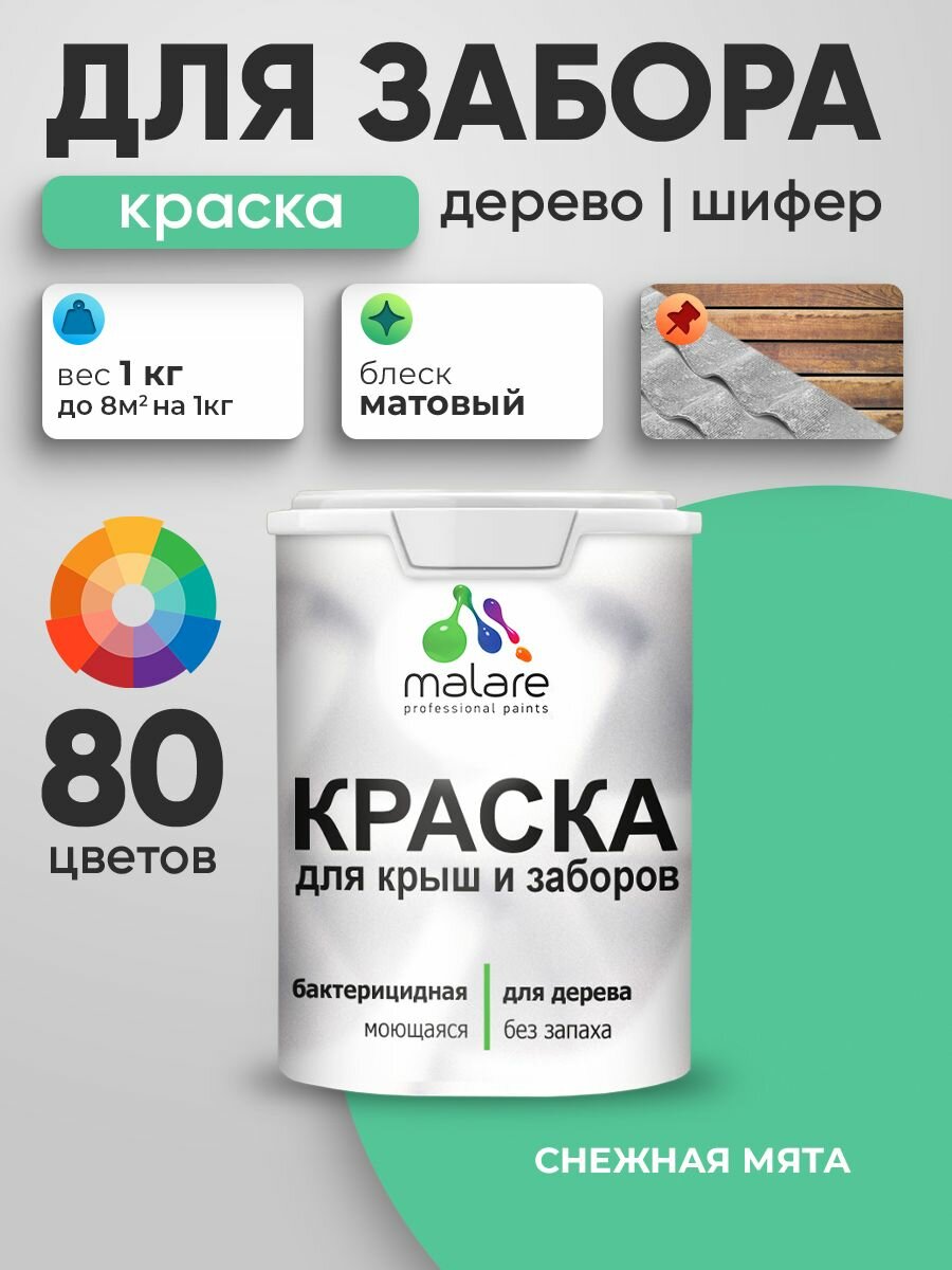 Акриловая краска Malare для деревянного забора/ по дереву для наружных и внутренних работ/ быстросохнущая моющаяся без запаха, матовая, снежная мята, 1 кг.