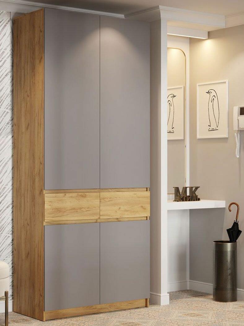 Распашной шкаф для одежды и хранения вещей Бостон с полками, с ящиками, со штангой, 100х51х236 см, Дуб Крафт золотой / Серый шифер